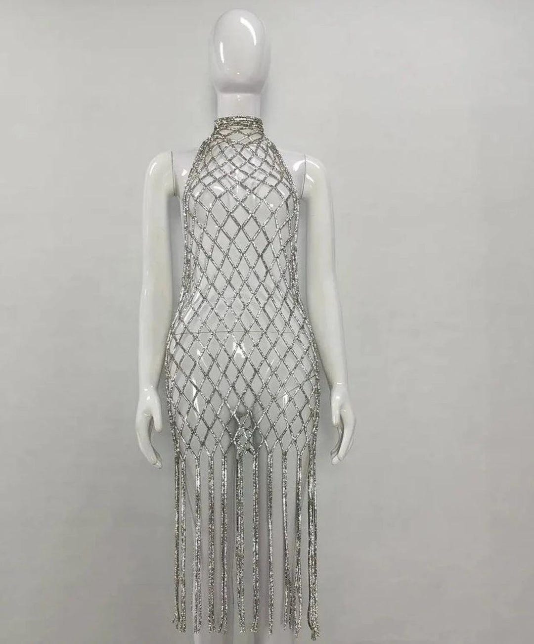Handmade Silver Chain Fringe Dress , Rhinestone Crystal Net Dress for ...