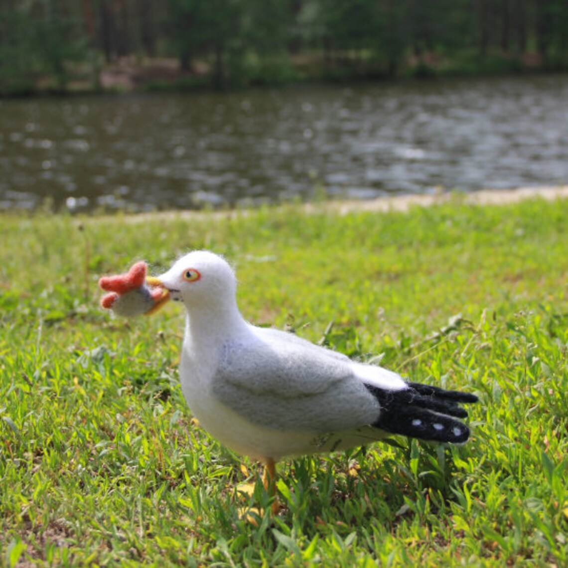Needle Felted Bird Bird Seagull With Fish Seagull Home - Etsy