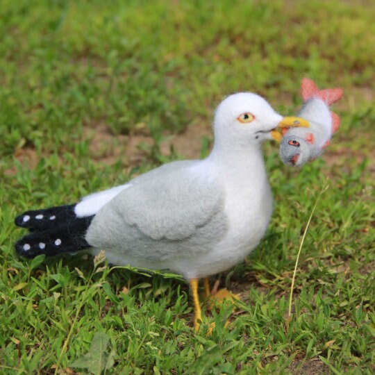 Needle Felted Bird, Bird Seagull With Fish, Seagull Home Decor, Seagull ...