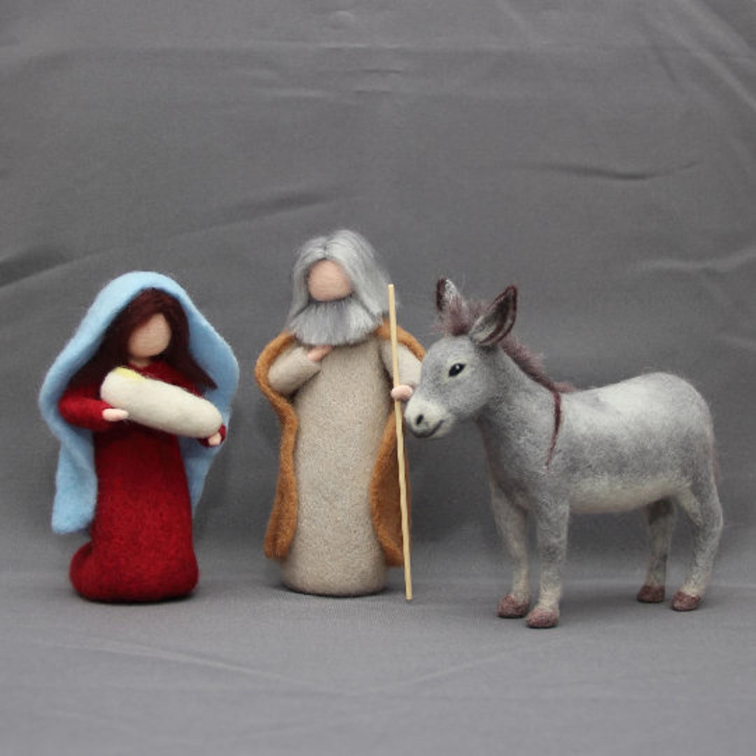 Needle Felted Nativity Set, Holy Family, Donkey, Christmas Decoration ...