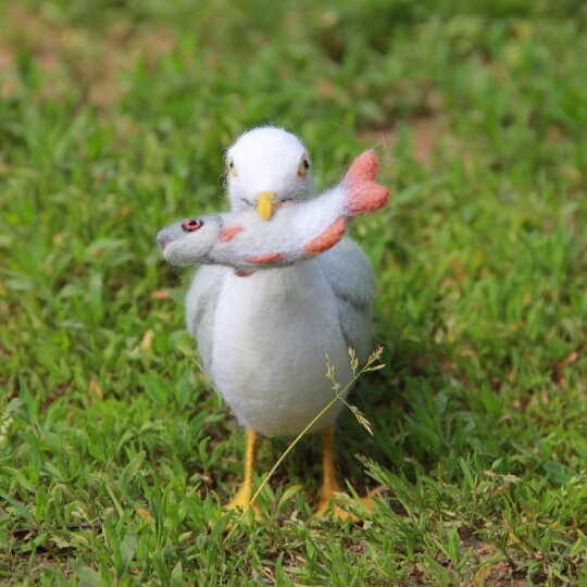 Needle Felted Bird, Bird Seagull With Fish, Seagull Home Decor, Seagull ...
