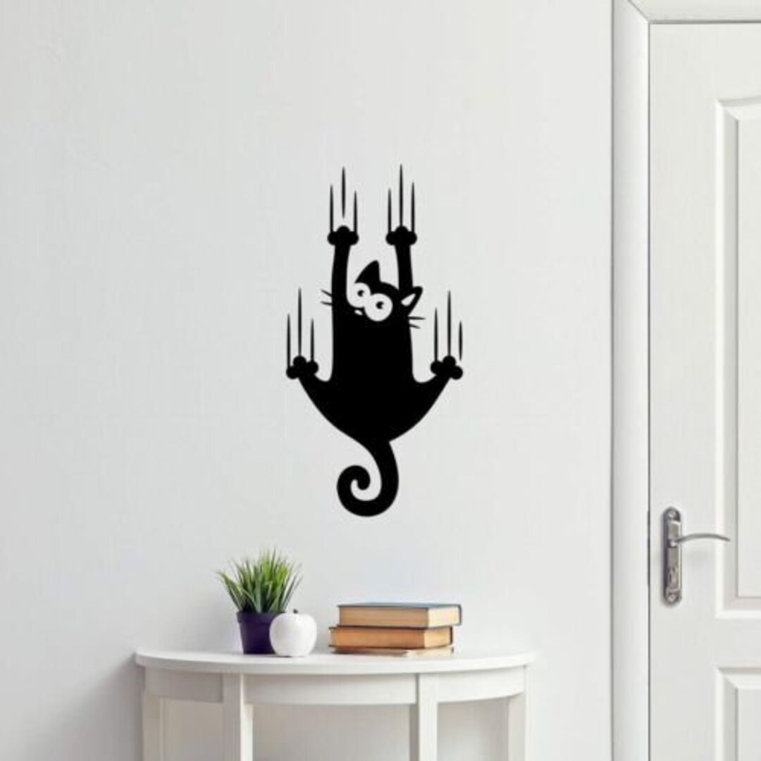 Cat Scratching Wall Vinyl Sticker Room Art Funny Home Kitchen Fridge ...