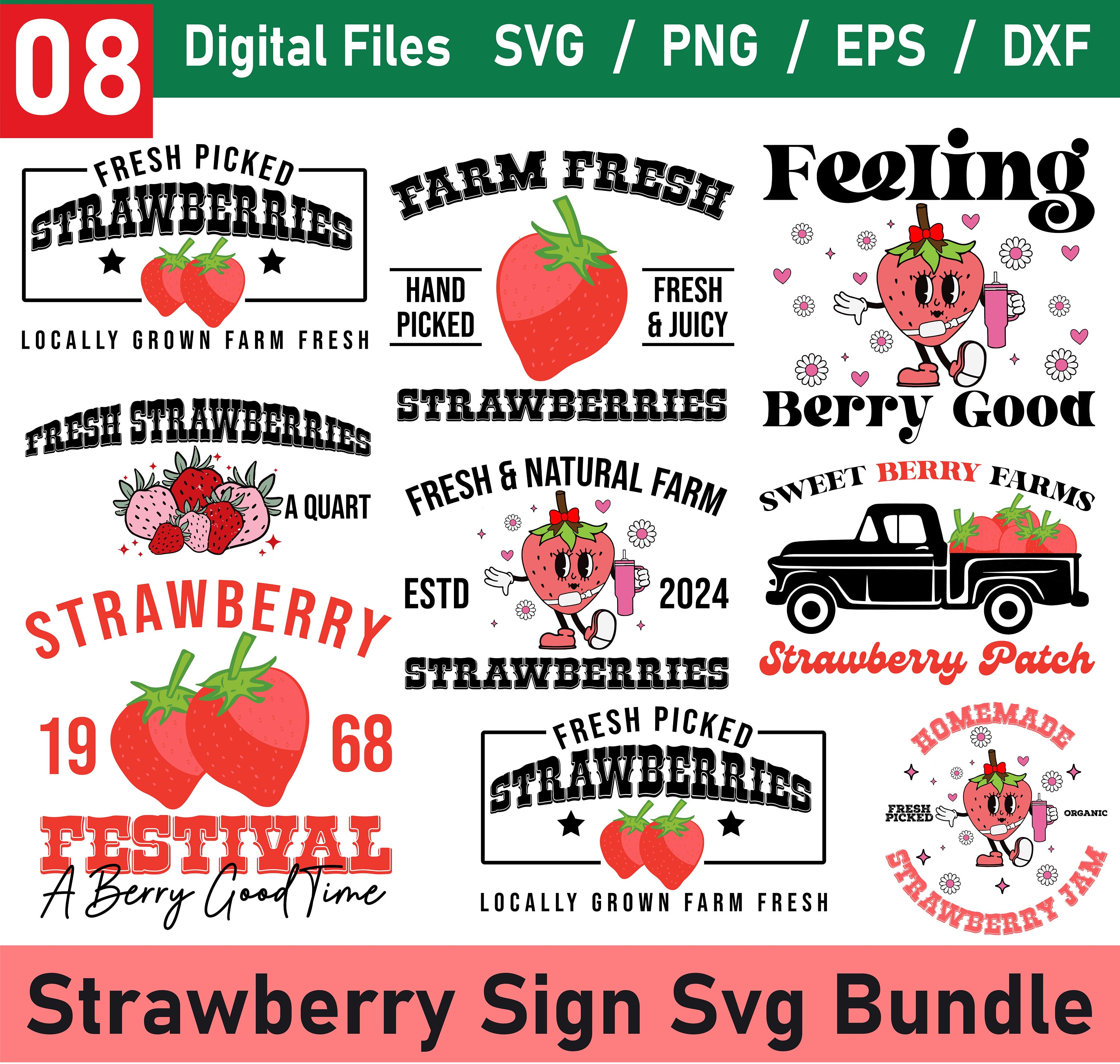 Strawberry Sign Svg Bundle, Farm Fresh Strawberries Svg, Farmhouse ...