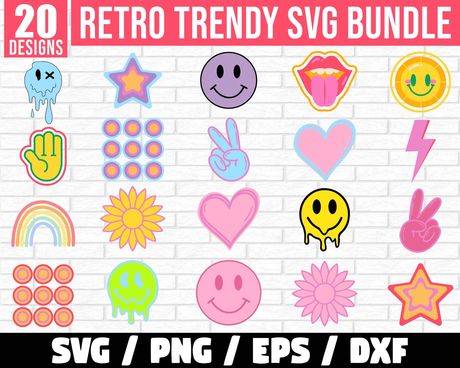 Retro Trendy Svg Bundle, Happy Face SVG, Groovy Png, Red Pink SVG ...