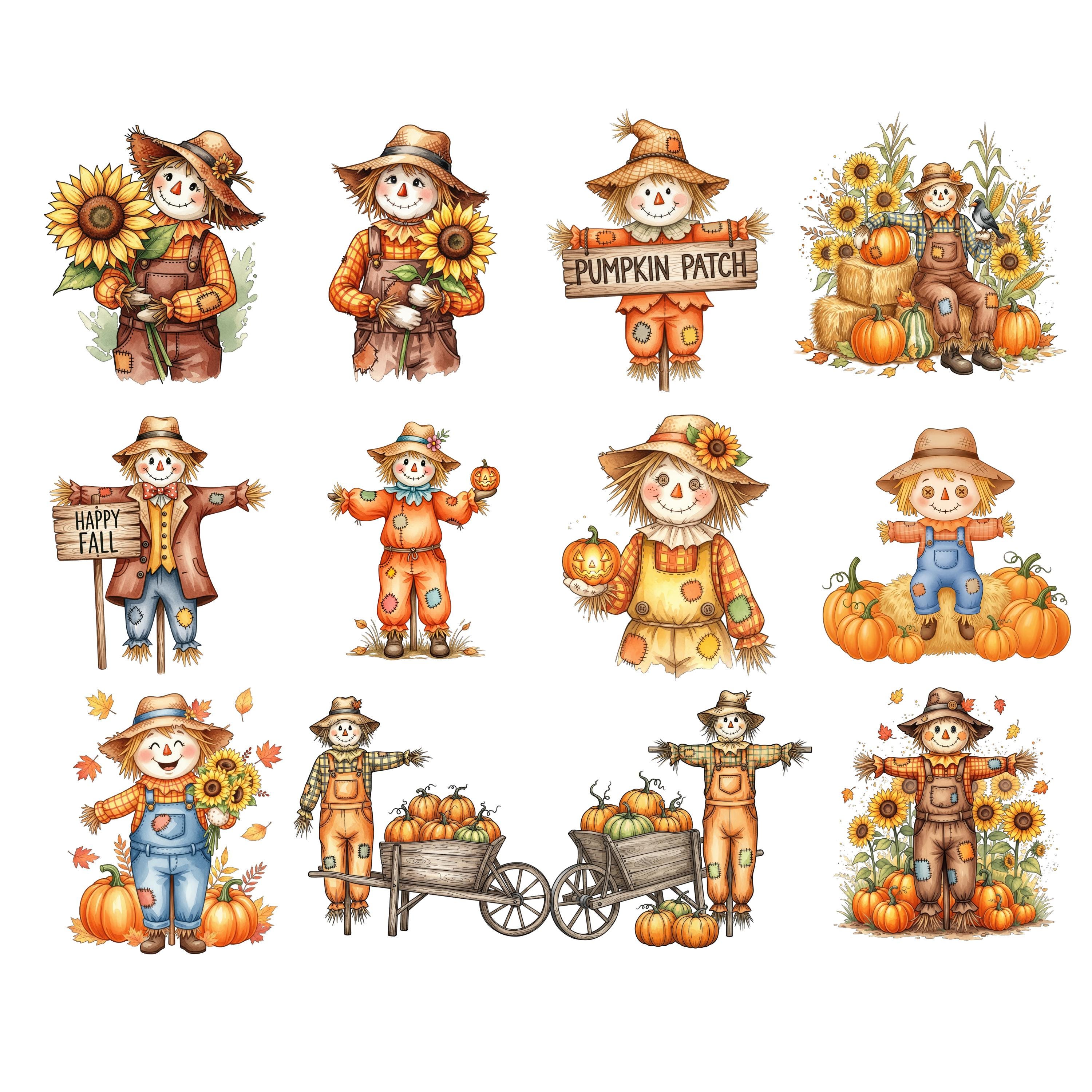 30 Cute Scarecrow Clipart, Cute Fall Clipart, Kid's Clipart Bundle ...