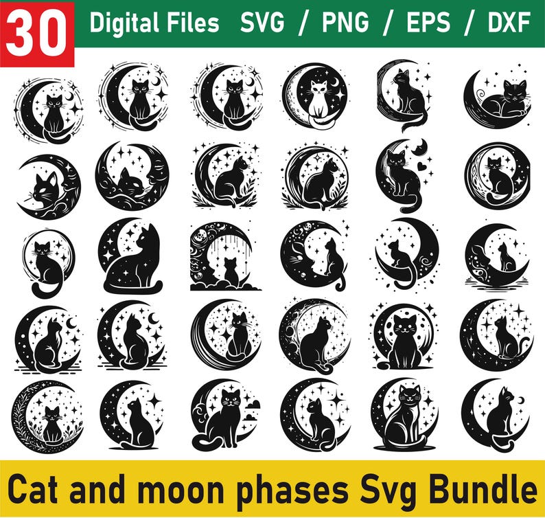 Cat and Moon Phases SVG Bundle, Cat Silhouette Svg, Cat Moon Svg, Cat ...