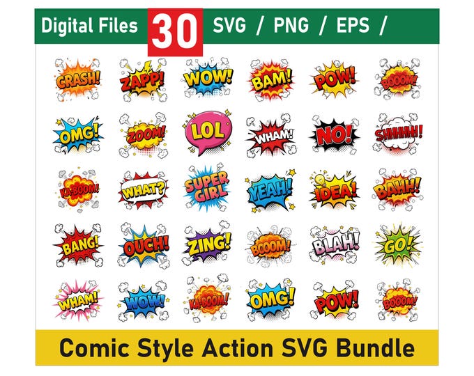 Bundle of 27 Comic Style Action Bubbles, Comic Cartoon Style, Birthday ...
