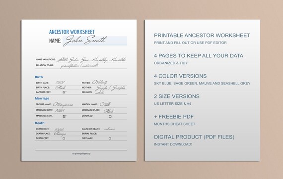 Ancestor Worksheet PDF Genealogy Journal Instant Digital - Etsy