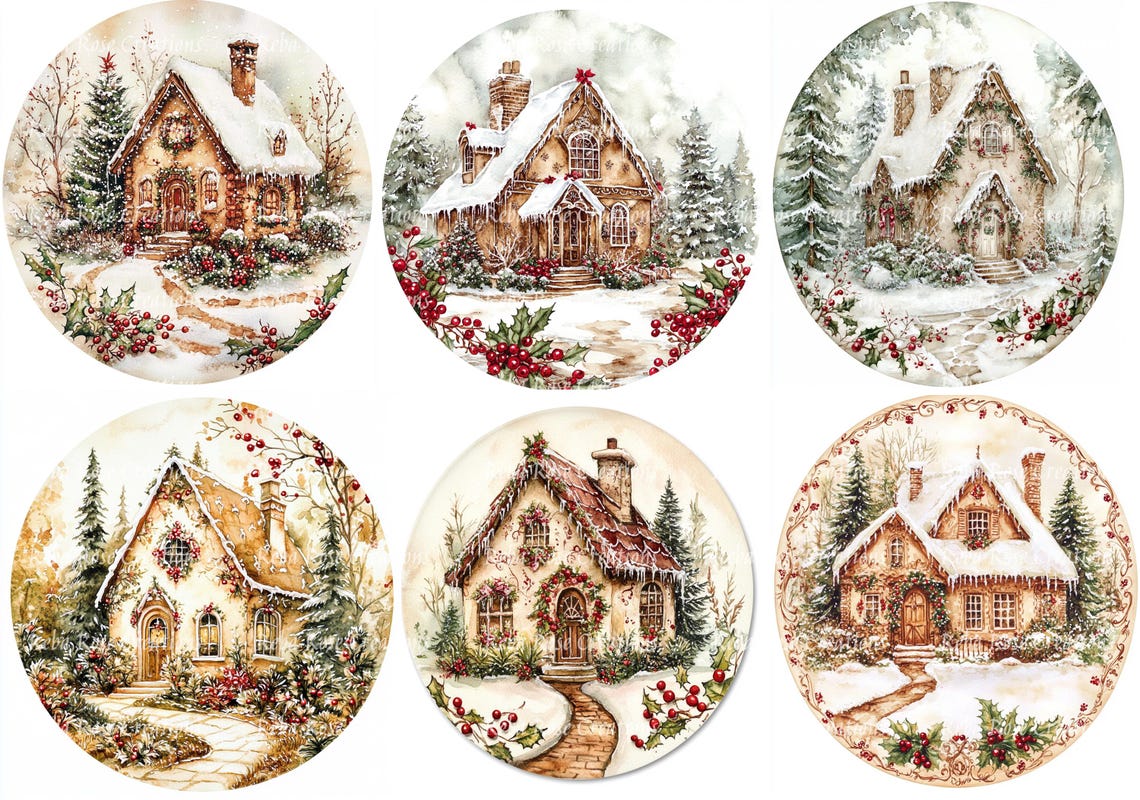 Christmas Cottage Rounds A4 Rice Paper 1305/A4 Decoupage Coaster Paper ...