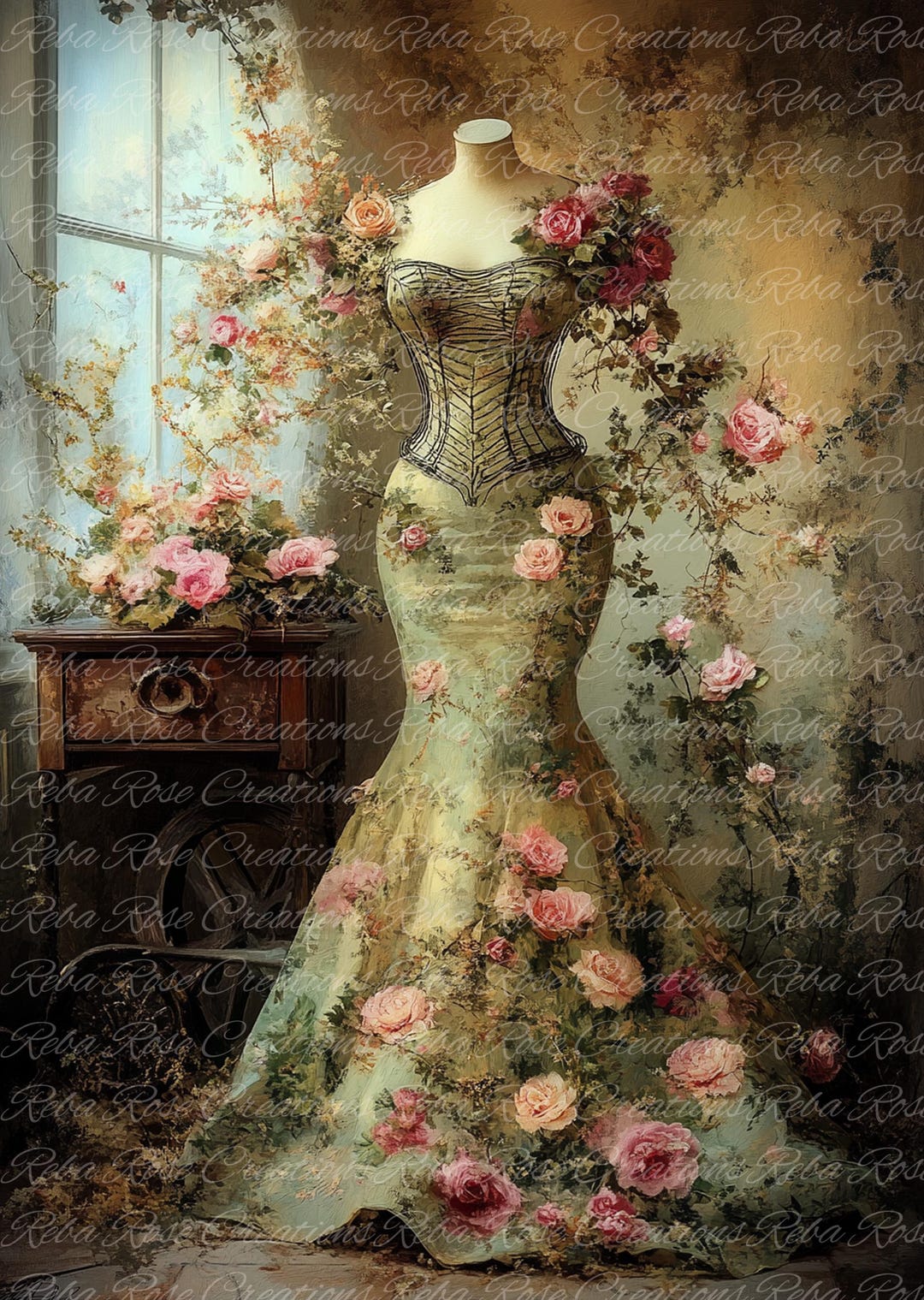 1890 Green Garden Dress Form 2 A4 Rice Paper - Etsy