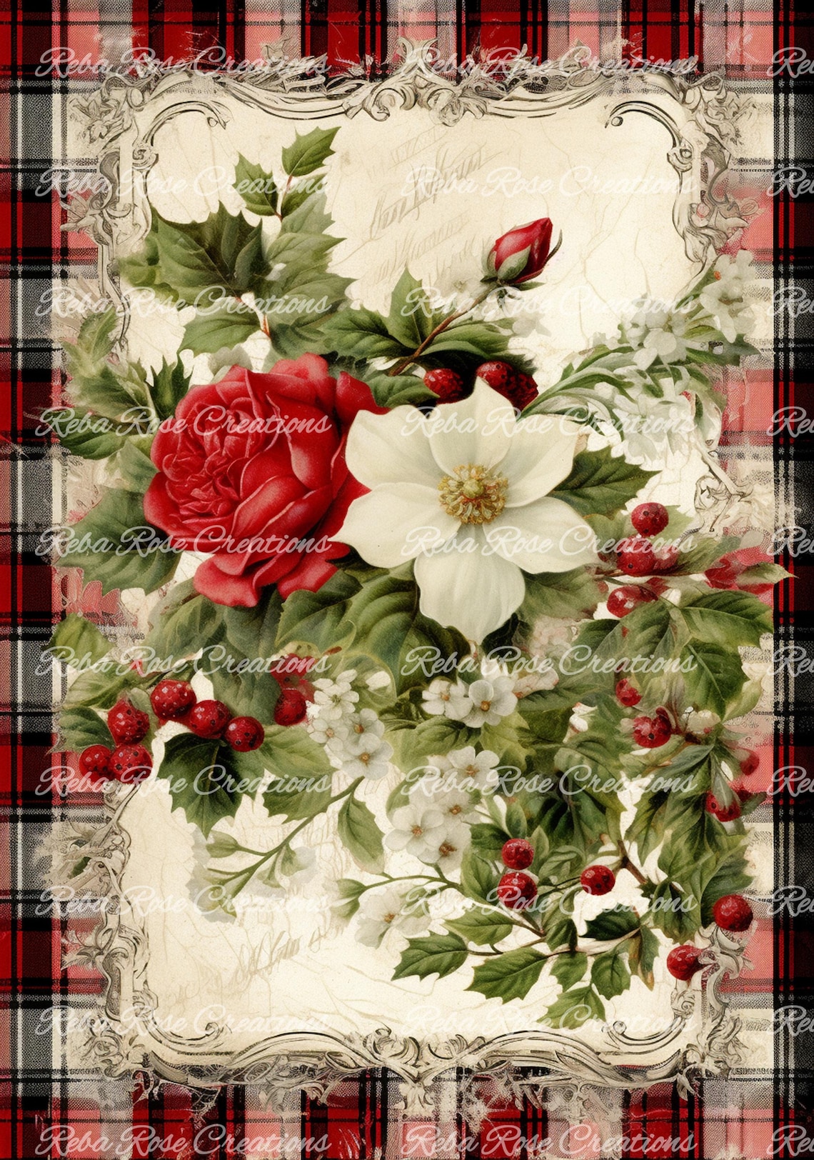0669 Plaid Christmas Floral A4 Rice Paper - Etsy
