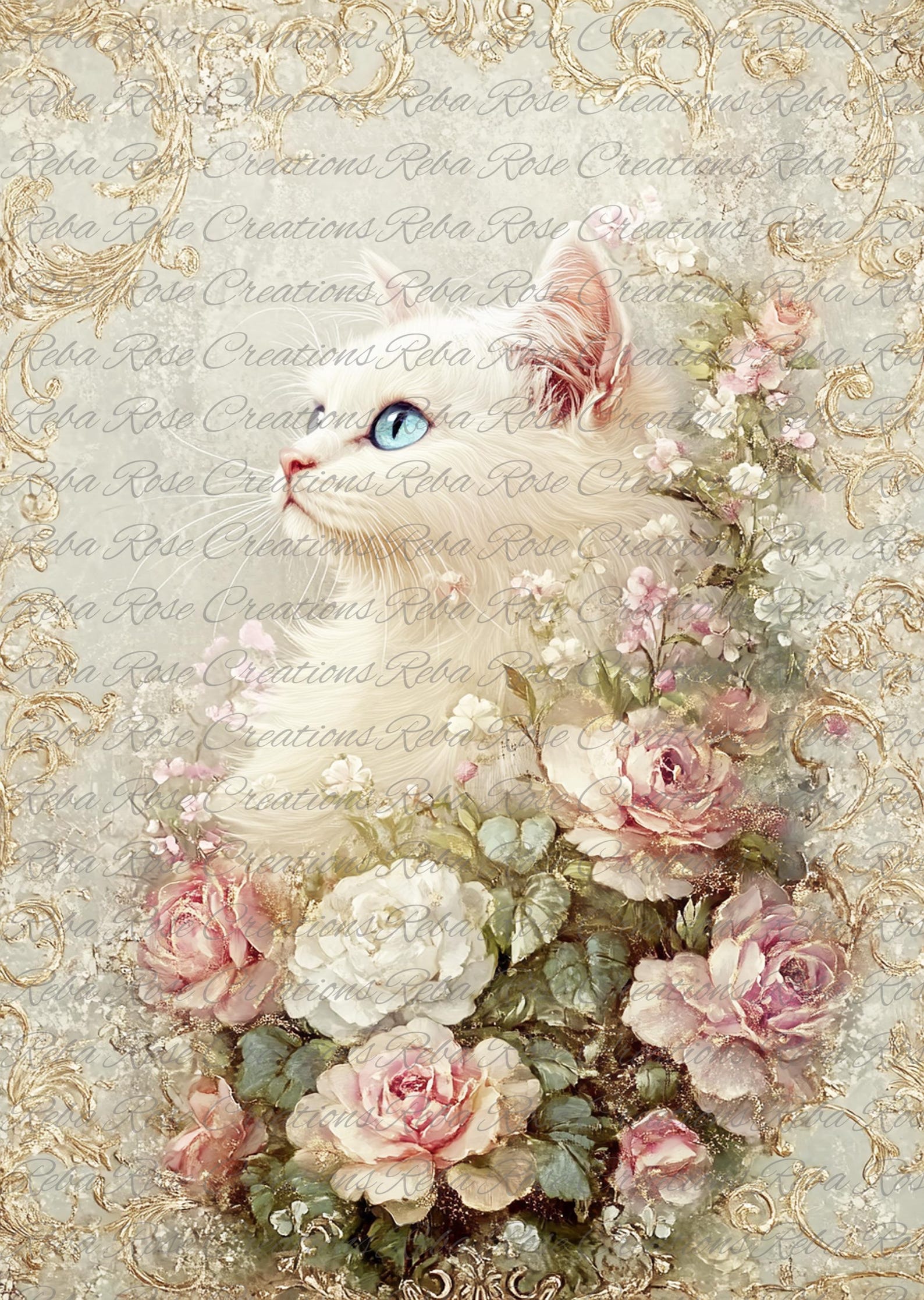 Rococo White Cat A4 Rice Paper 1802/rococo White Cat A4 Decoupage Paper ...