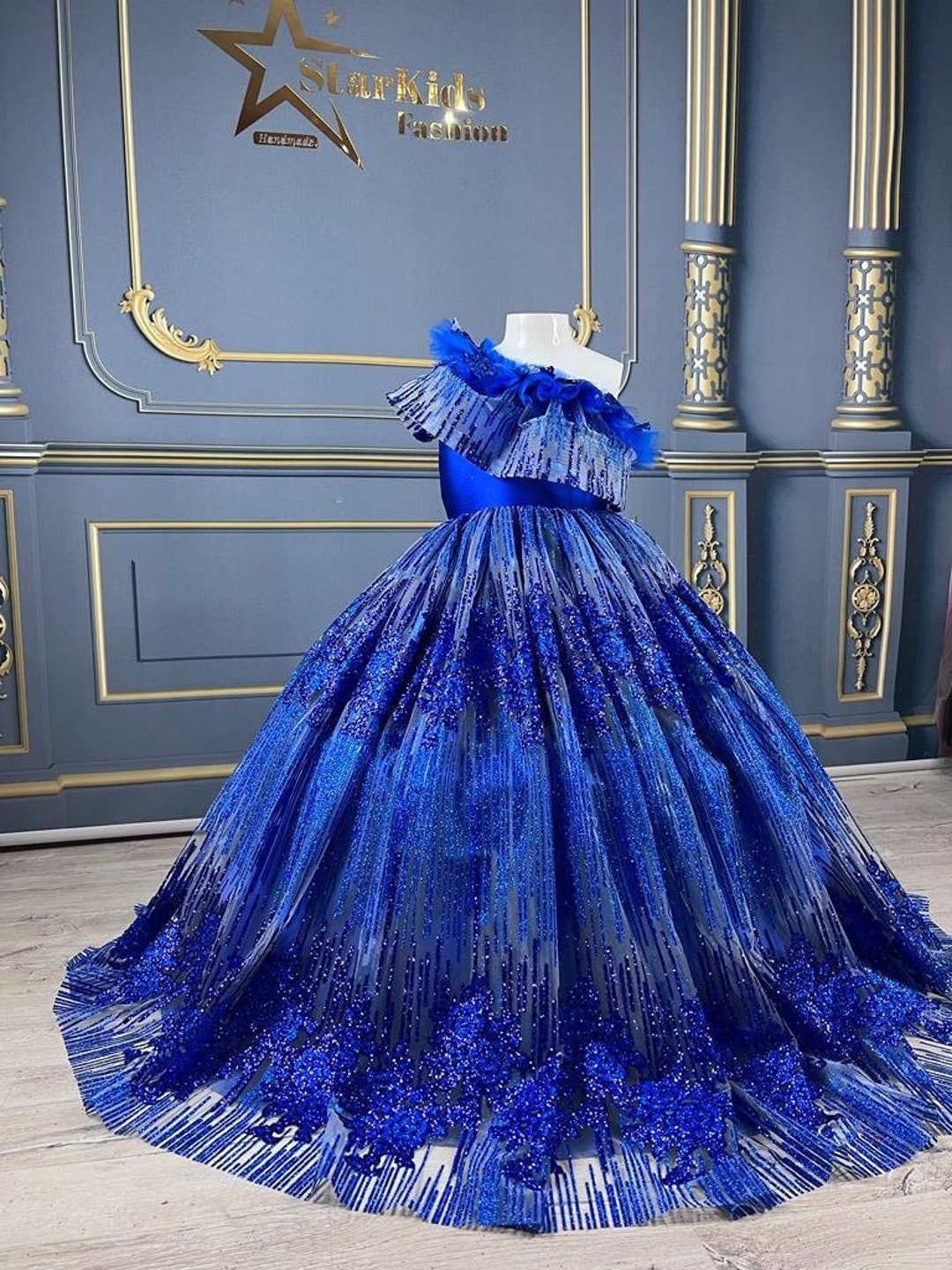 One Shoulder Royal Blue Princess Girl Dress, Blue Flower Girl Dress ...