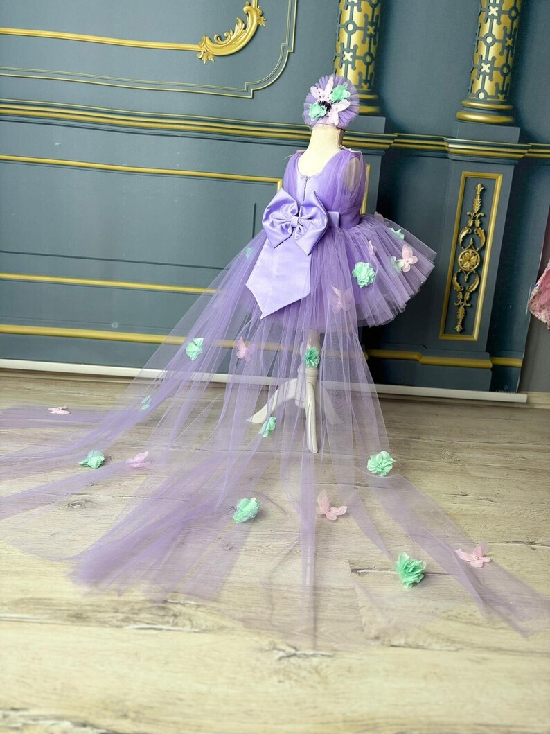 Lilac Flower Girl Dress: Tulle Princess Gown With Train - Etsy