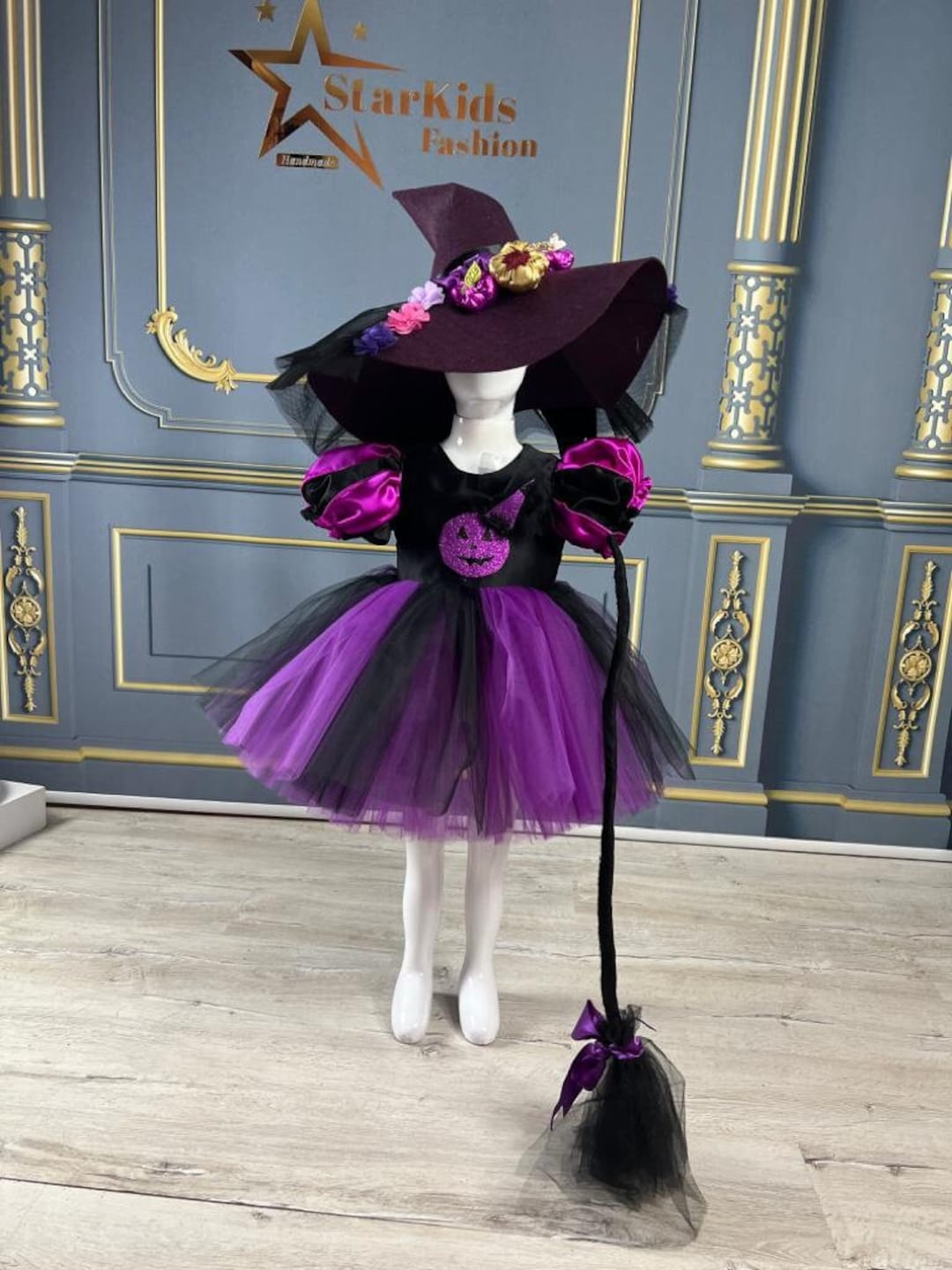 Charming and Purple Halloween Witch Costume With Hat and Broom, Perfect ...