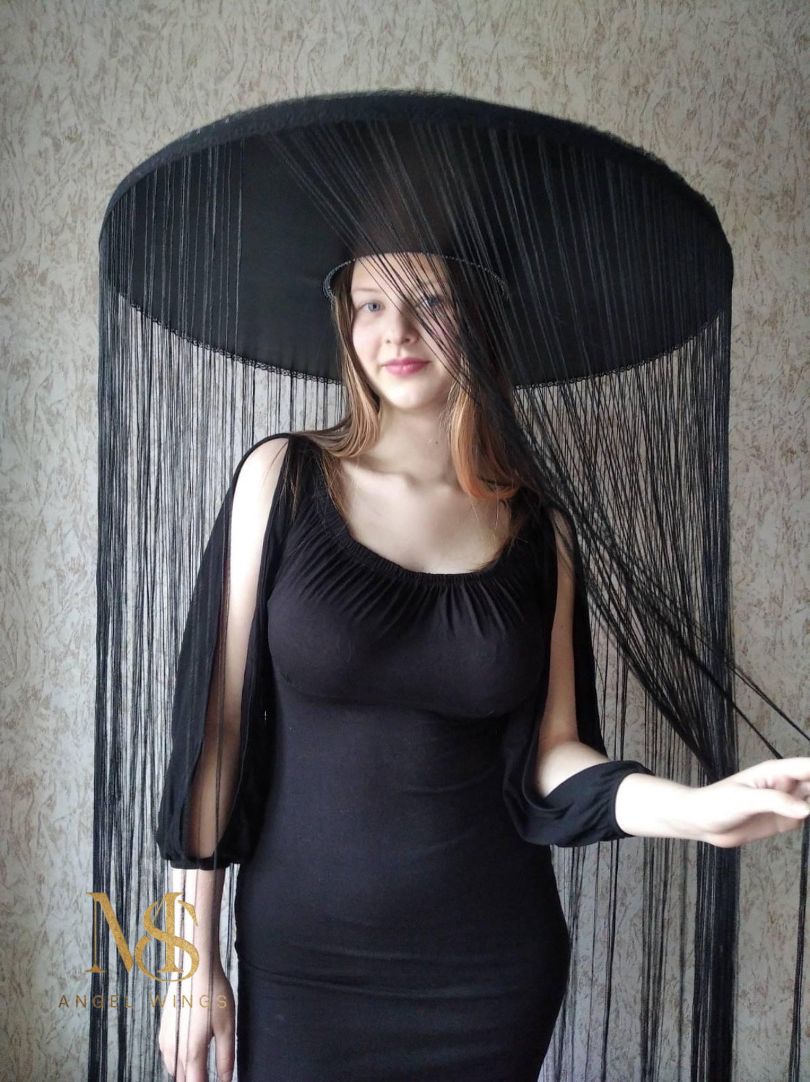 Big Black With Fringe Hat Wide Brim Hat Fringe for Photoshoot Woman ...