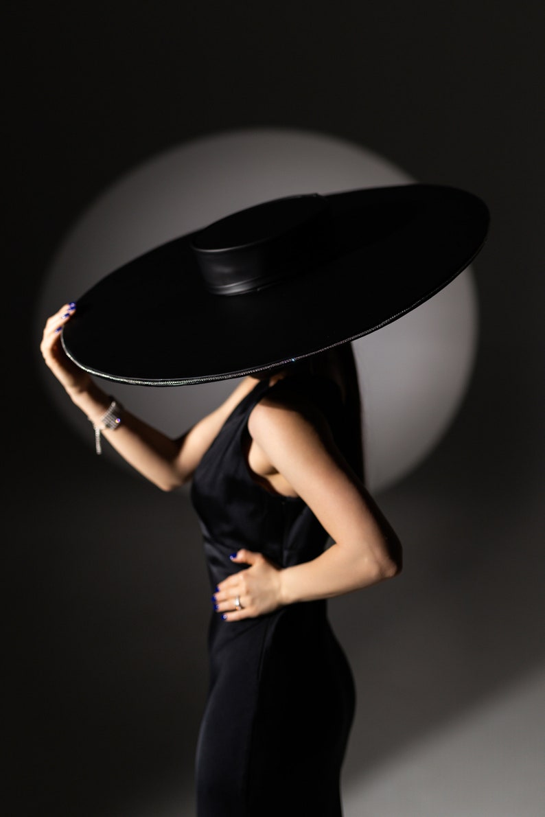 Black Hat Women, Black Wide Brim Hat, Large Black Hat Dance, High ...