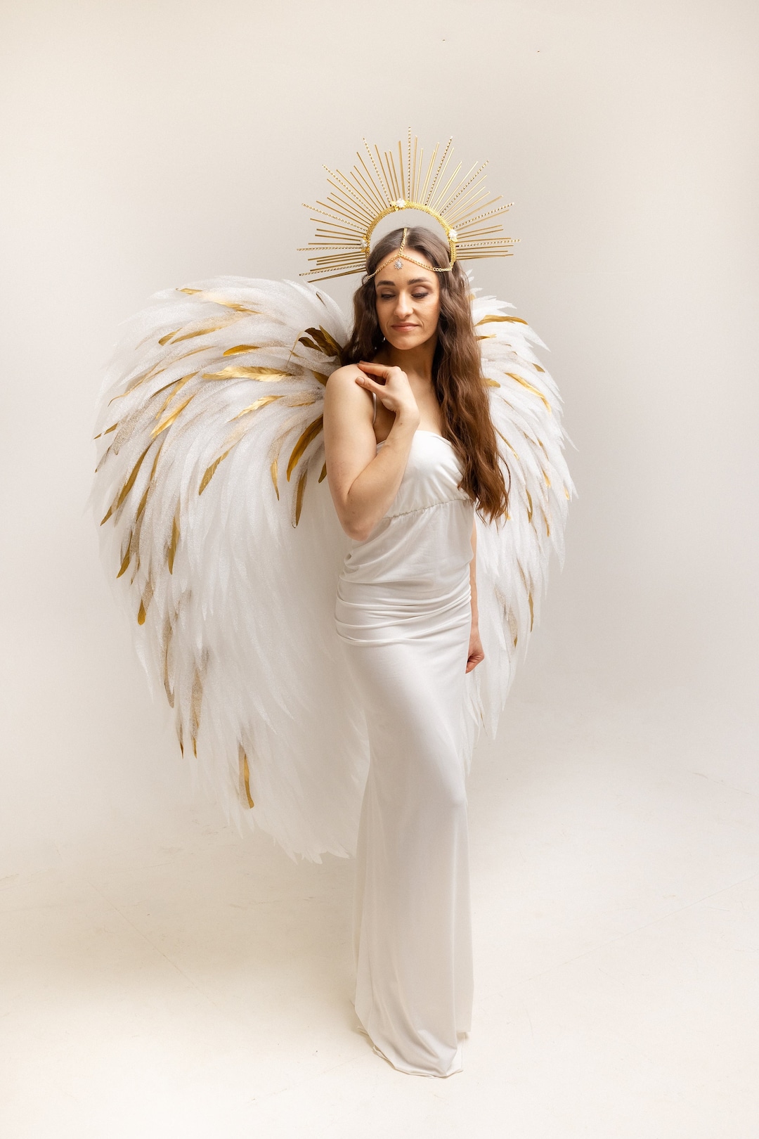 White Angelic Wings and Golden Halo Crown for a Maternity Photoshoot ...