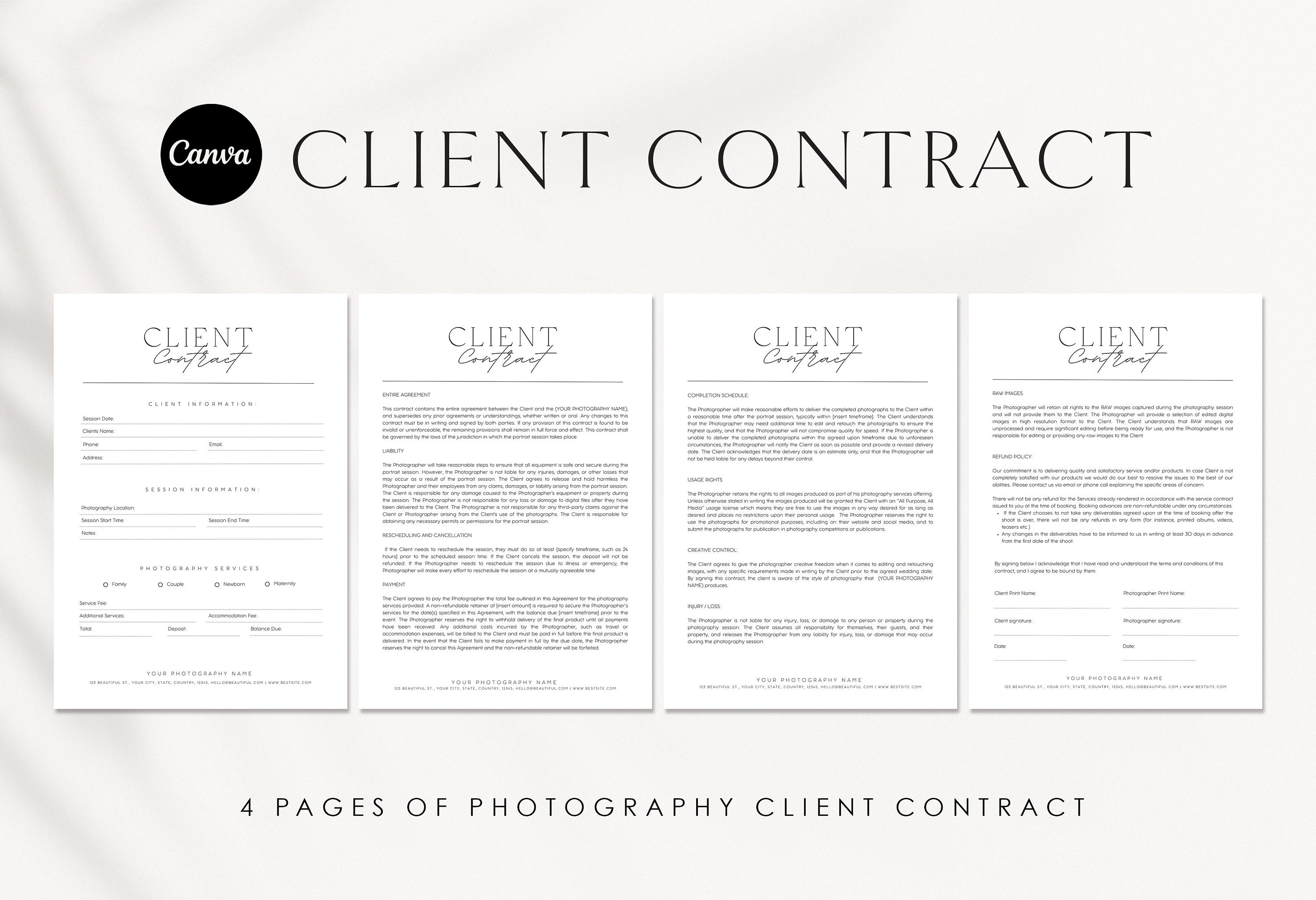 Plantilla de contrato de cliente de fotografía / Formularios - Etsy México