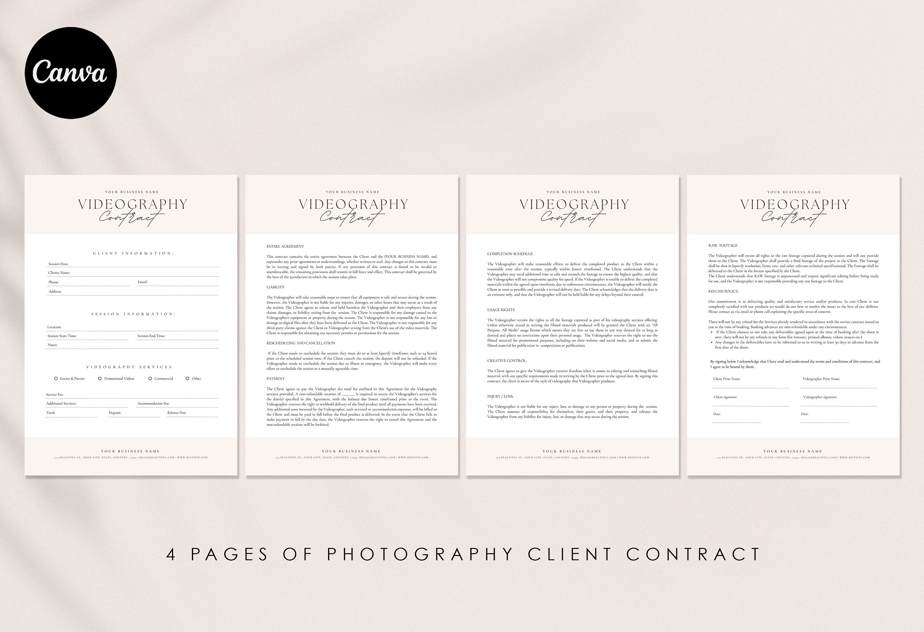 Videography Contract Template: Photography Forms (canva Template) - Etsy