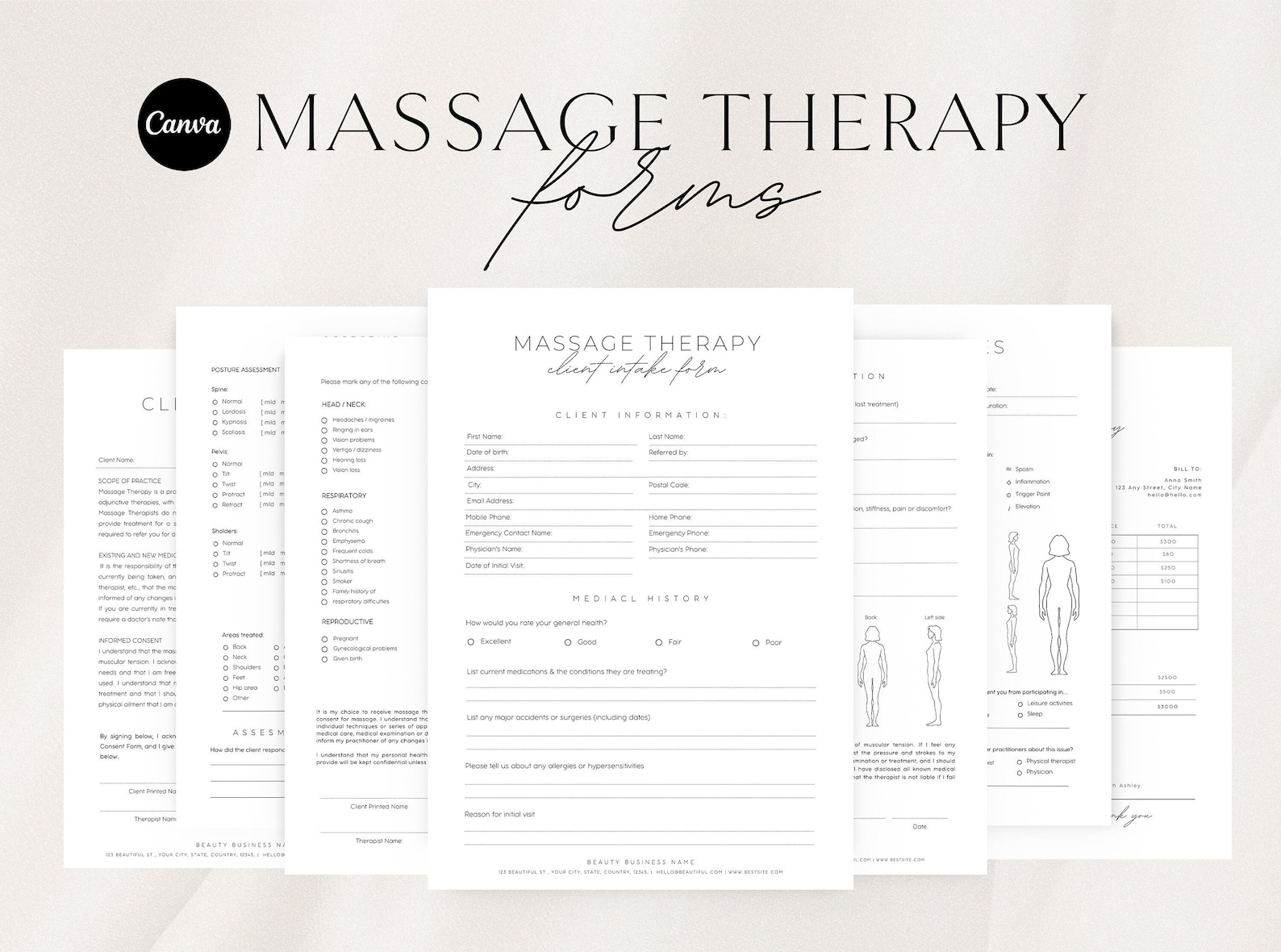 Editable Massage Therapy Forms: Client Intake, SOAP Notes (canva ...