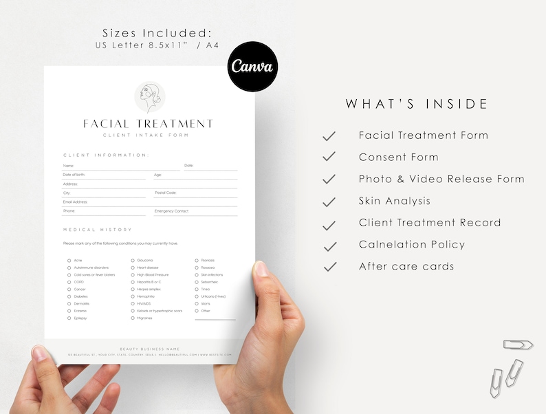 Esthetician Forms: Skincare Consent, Facial Consultation (canva ...