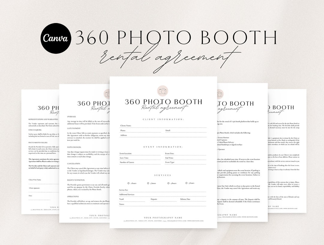 360 Photo Booth Rental Agreement Template: Editable Canva Contract ...