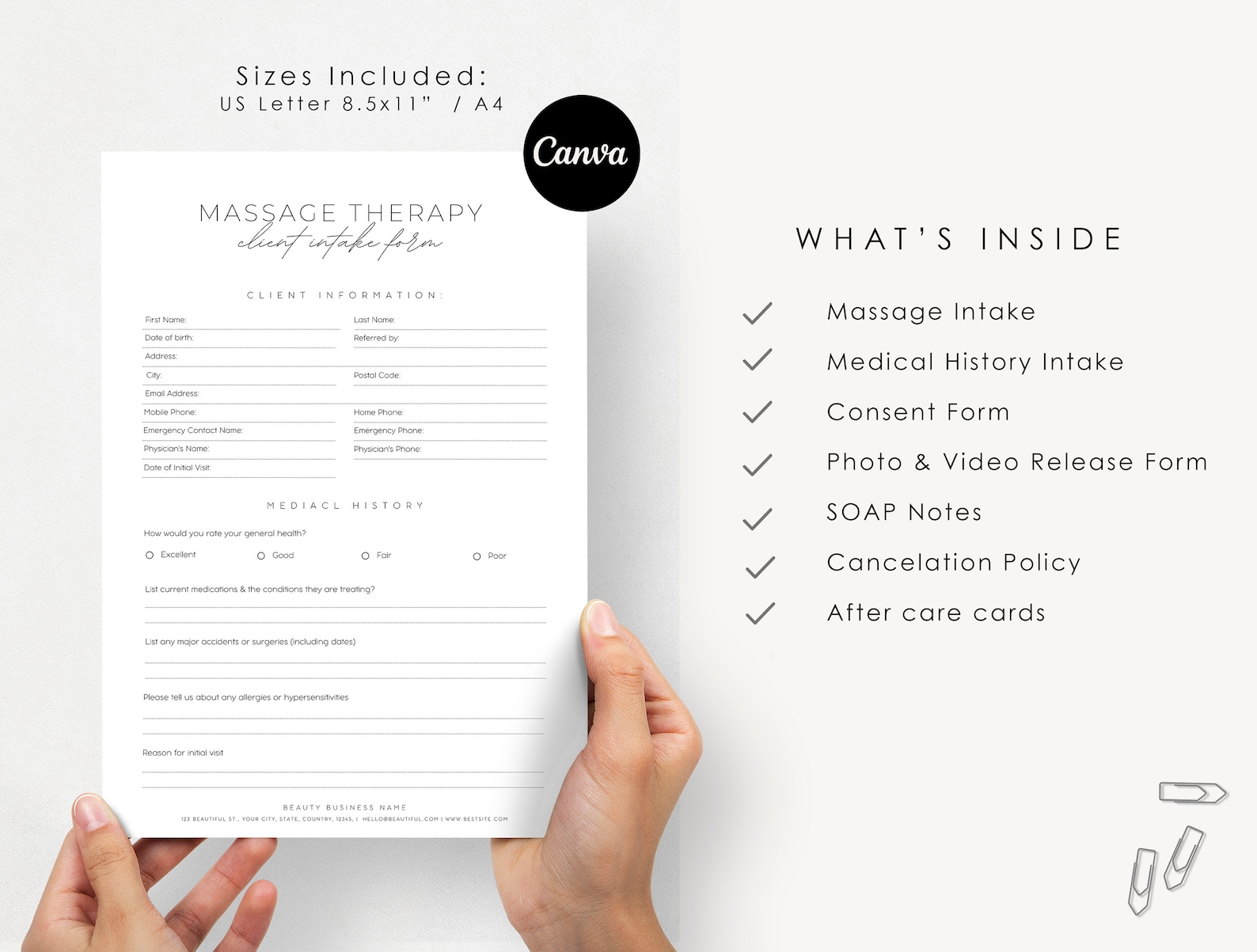 Editable Massage Therapy Forms: Client Intake, SOAP Notes (canva ...