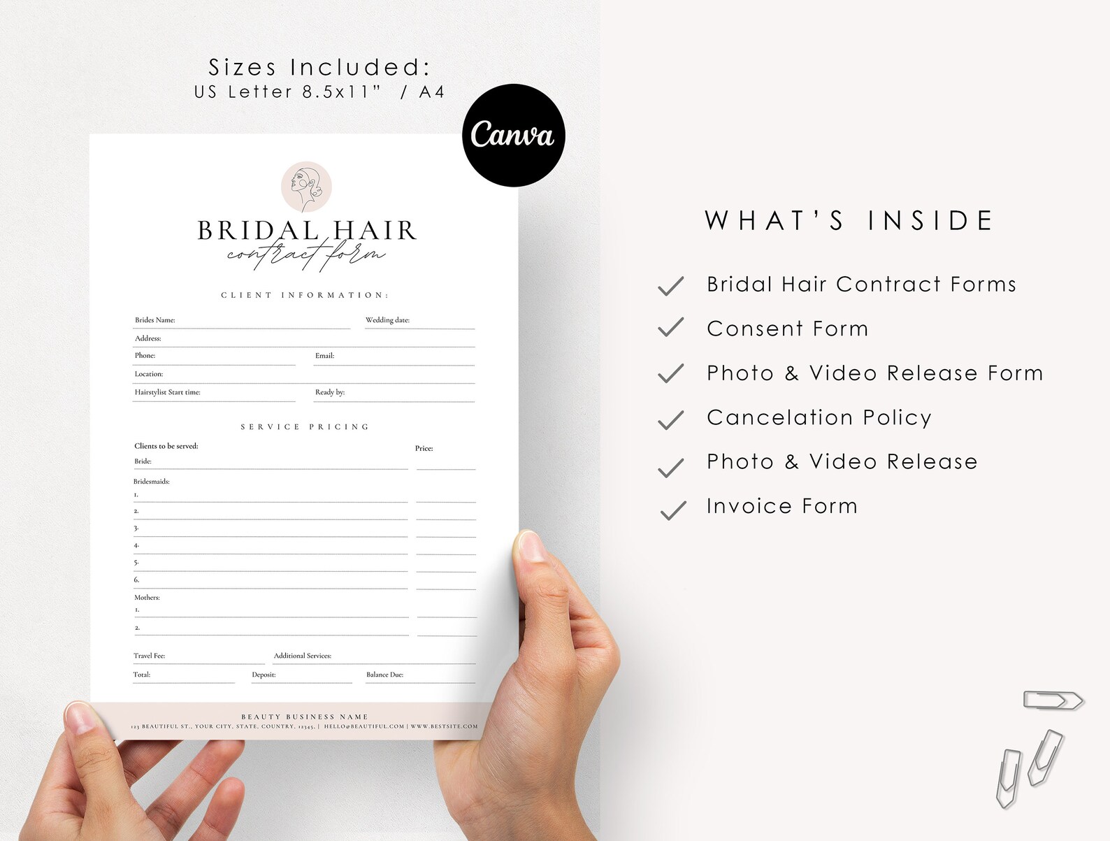 Editable Bridal Hair Contract Template: Hairstylist Form (CANVA) - Etsy