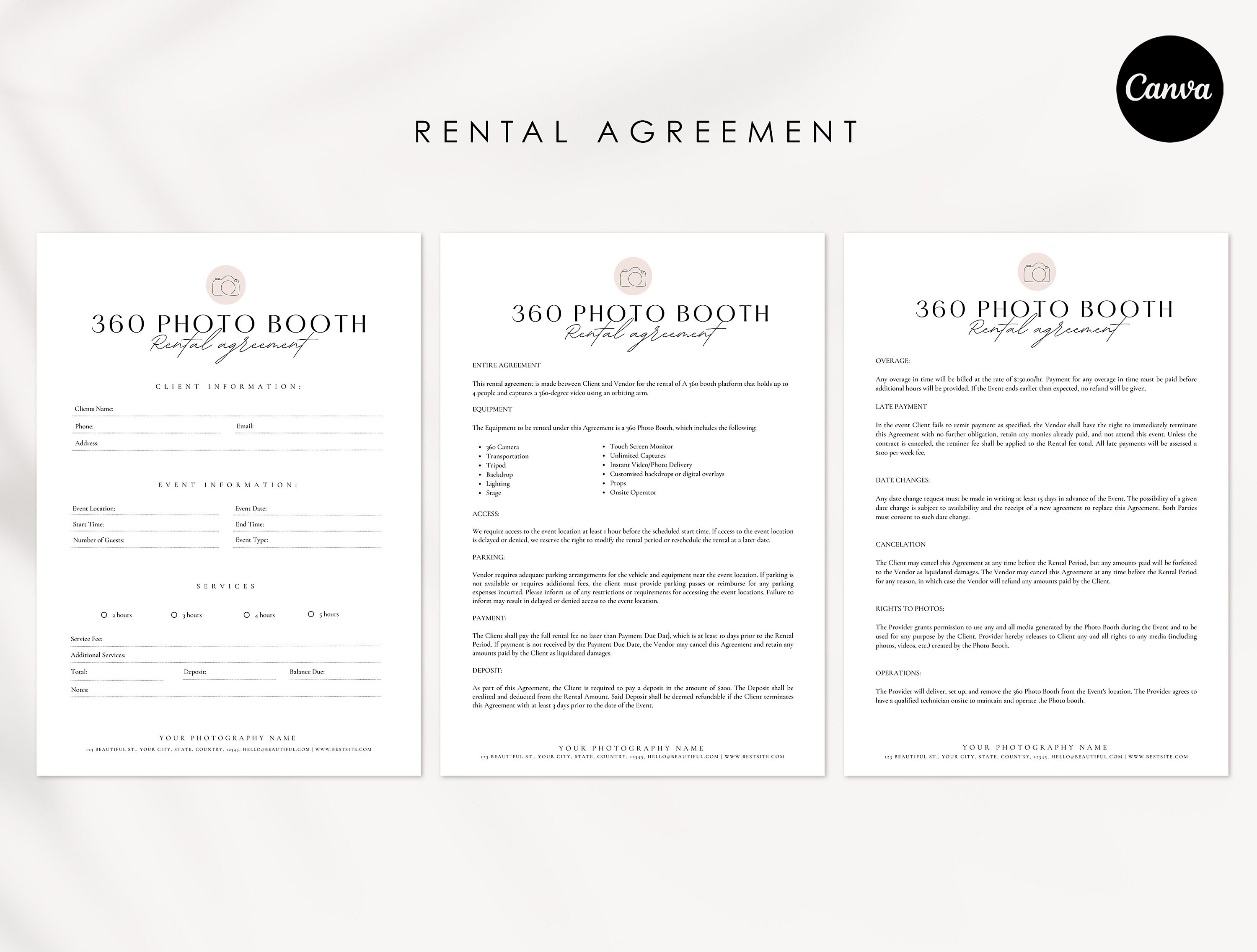 360 Photo Booth Rental Agreement Template: Editable Canva Contract ...