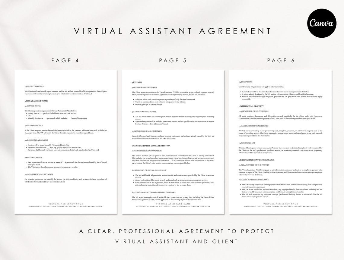 Virtual Assistant Contract Template | VA Editable Agreement | Canva ...