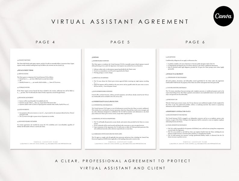 Virtual Assistant Contract Template | VA Editable Agreement | Canva ...
