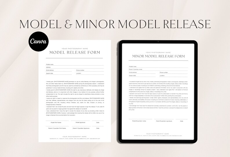 Photography Model Release Form Template: Minor Contract (canva Template ...