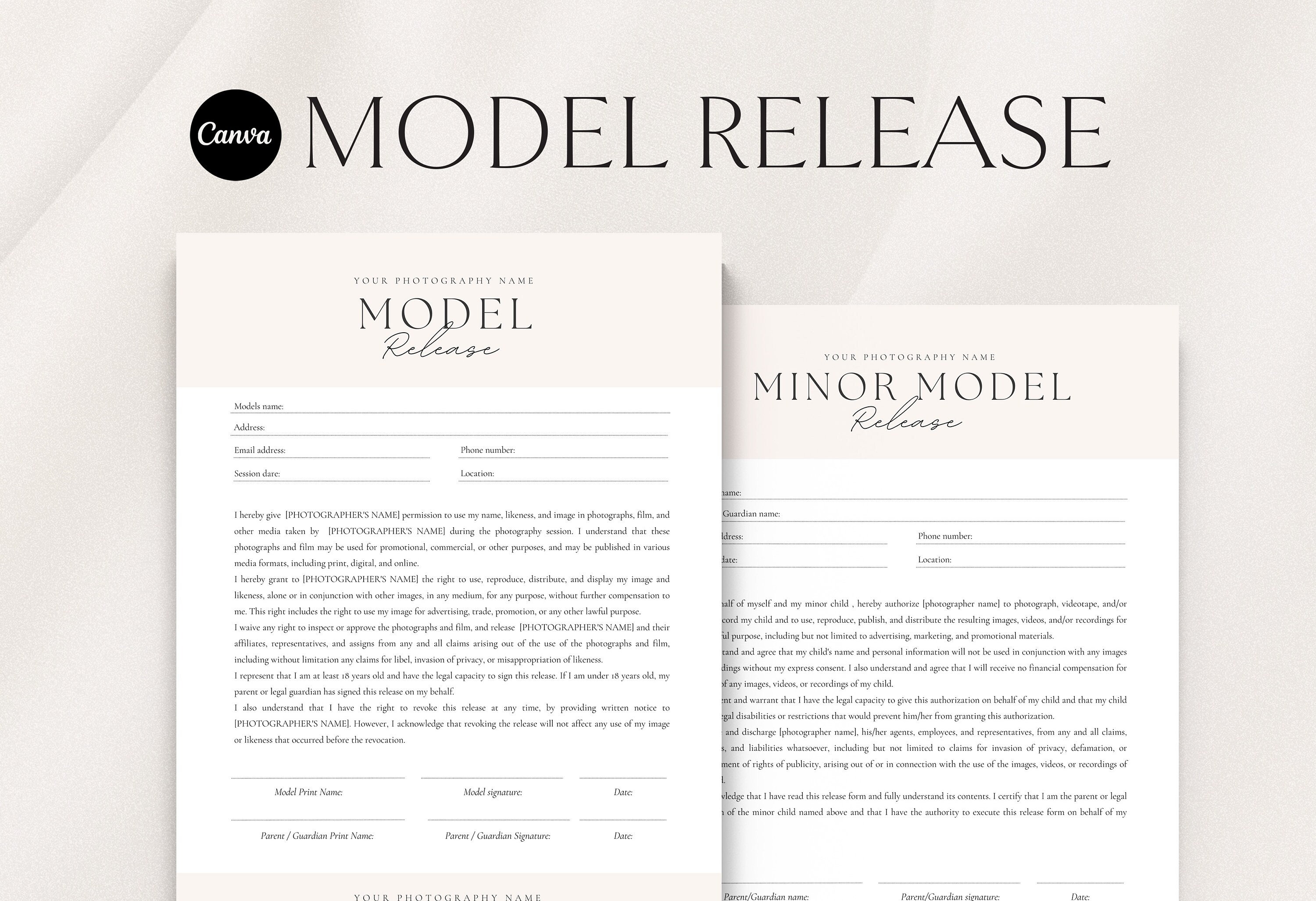 Model Release Form Template Minor Model Release Form - Etsy UK