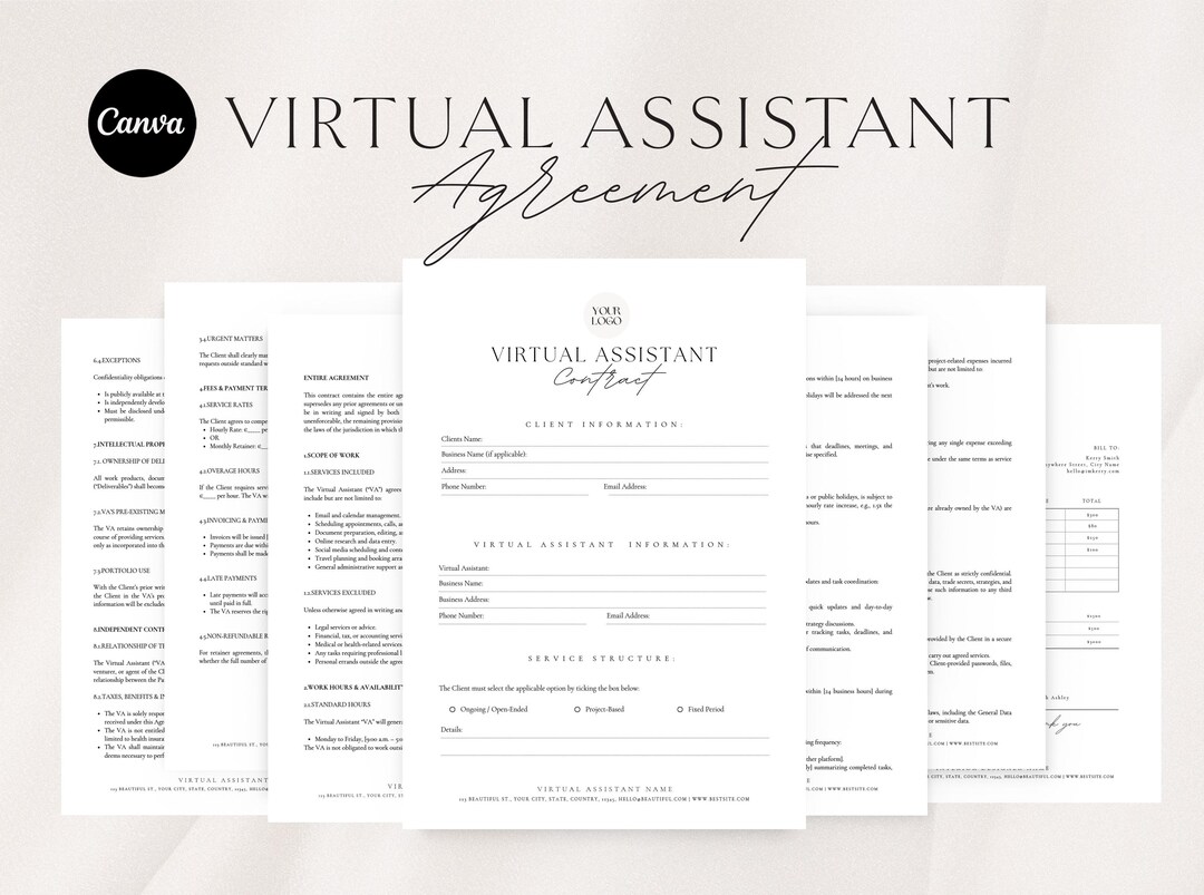 Virtual Assistant Contract Template | VA Editable Agreement | Canva ...