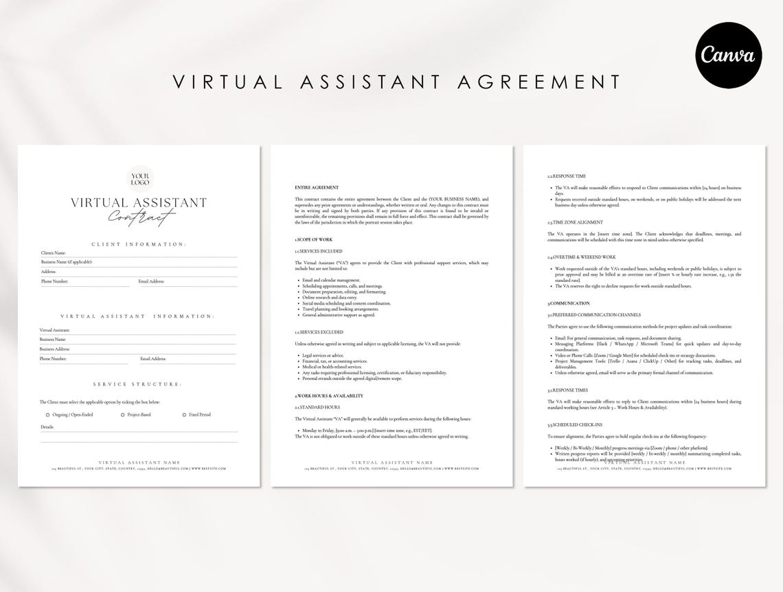 Virtual Assistant Contract Template | VA Editable Agreement | Canva ...