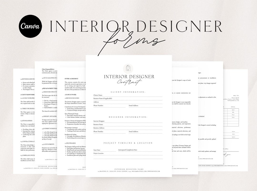 Interior Designer Client Contract Template | Editable Canva Agreement ...