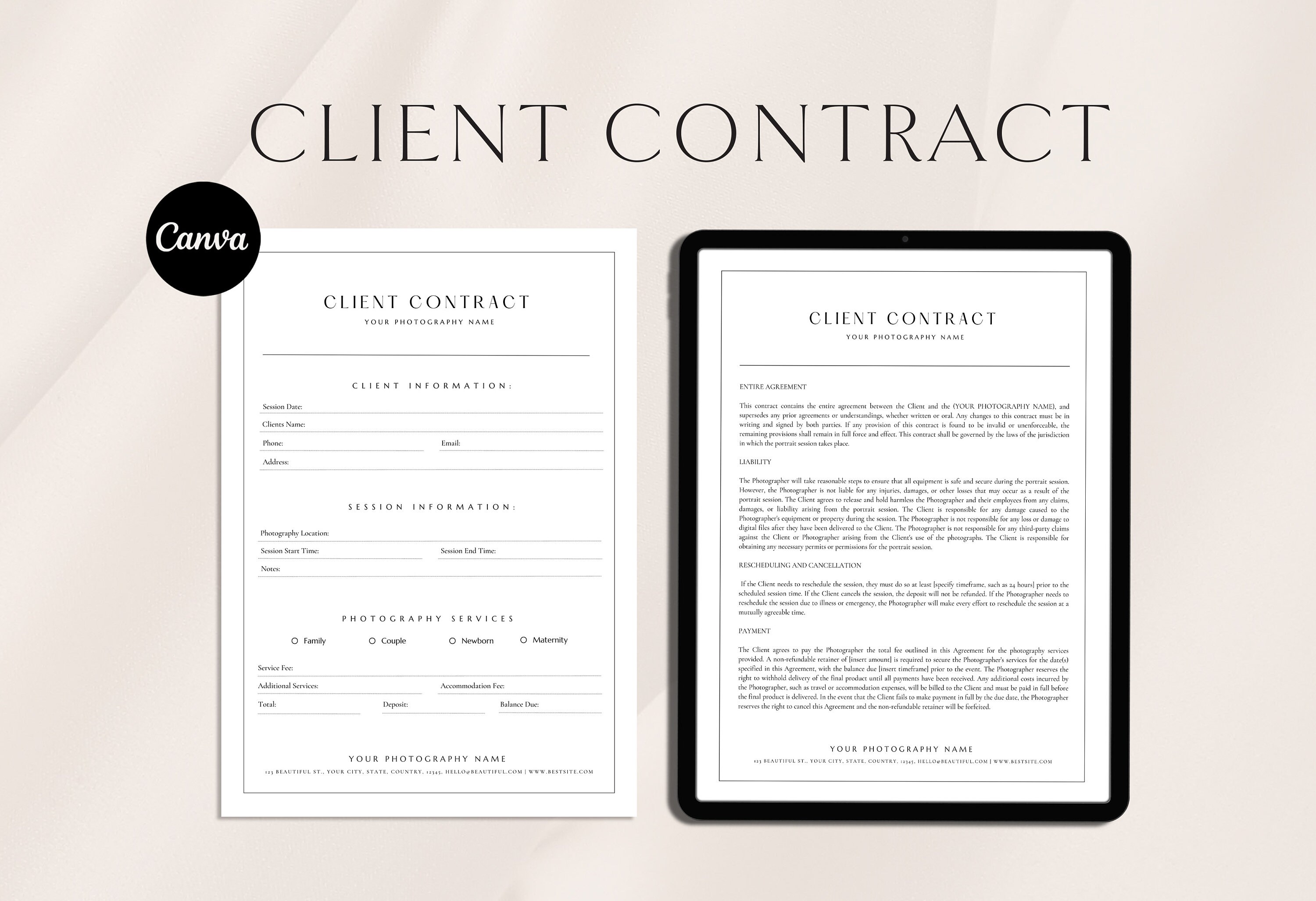 Photography Client Contract Template: Editable Canva Forms (A4/US ...