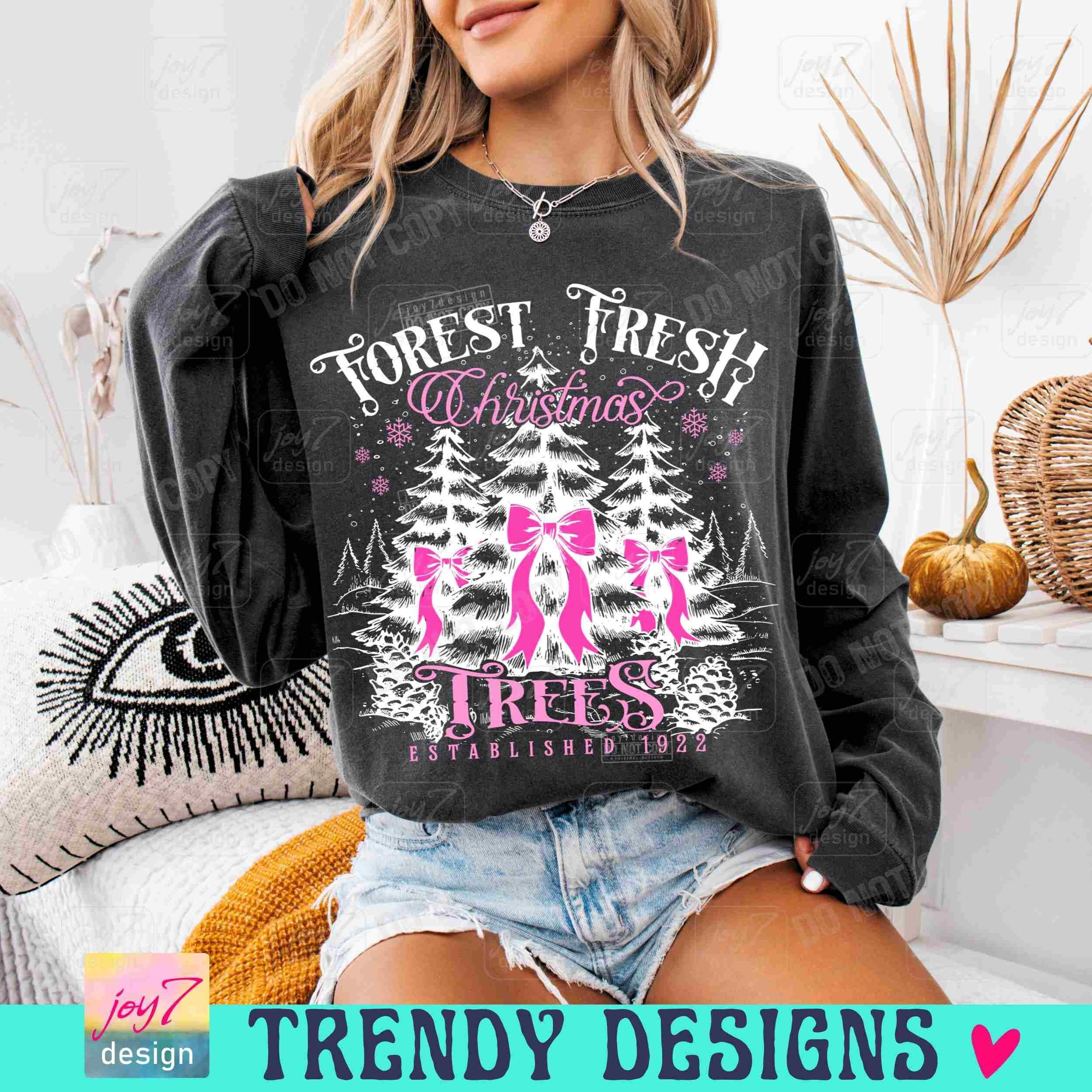 Forest Fresh Christmas Trees PNG Pink Christmas Coquette Bow Trendy ...