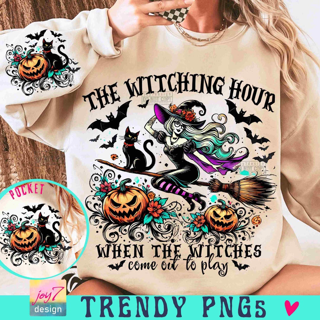 The Witching Hour Retro Halloween PNG Witch Black Cat Pumpkin Face ...