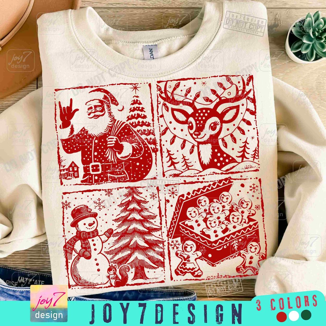 Vintage Retro Christmas PNG Cute Santa Reindeer Snowman Gingerbread Man ...