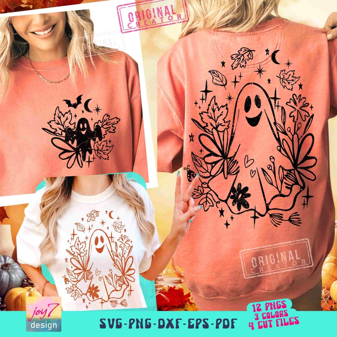 Cute Ghost Flowers and Fall Leaves SVG PNG Retro Ghost for Trendy Fall ...