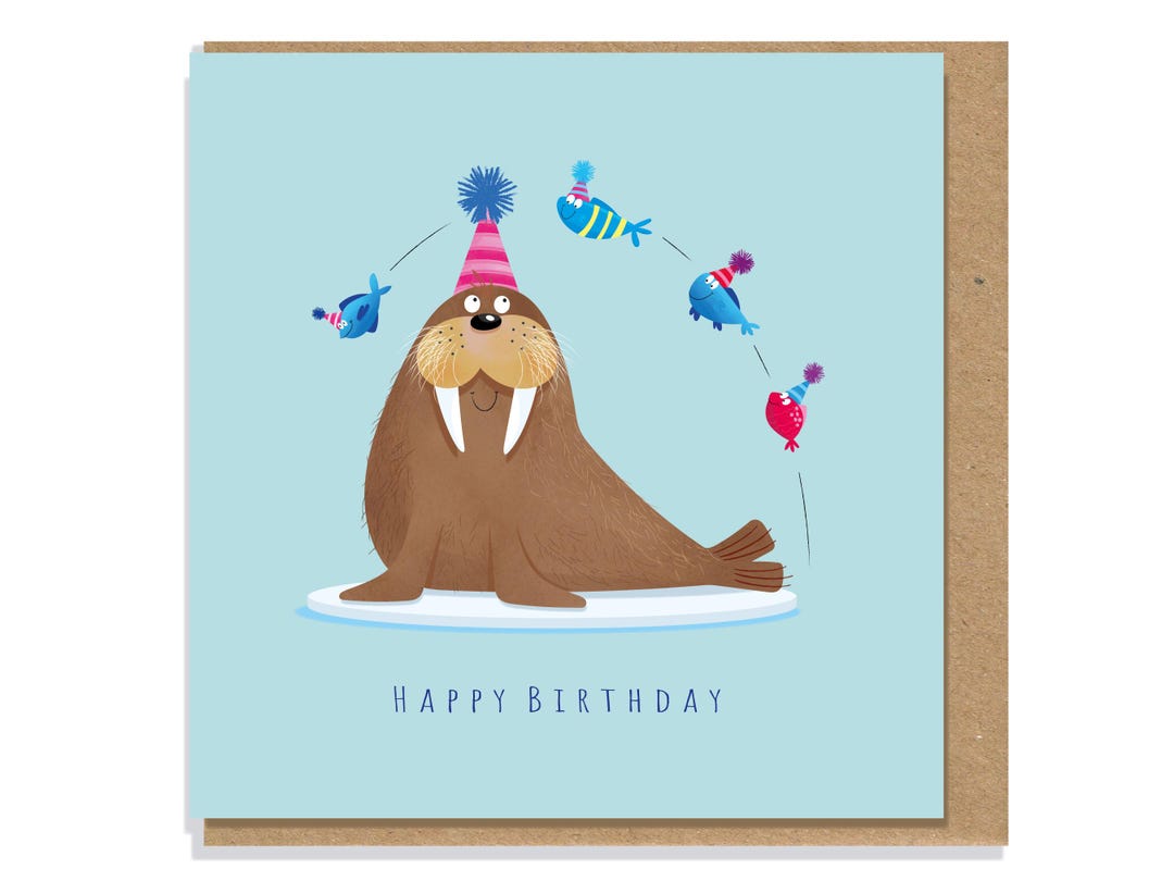 Walrus With Fish Birthday Card/ Animal Birthday Card - Etsy