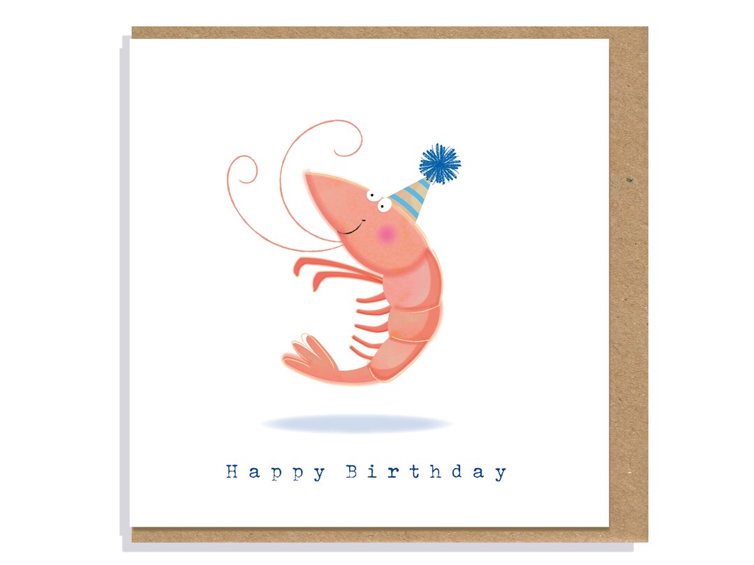 Prawn Birthday Card/ Seafood Greetings Card/ Shrimp Card/ Partyhat/ Sea ...