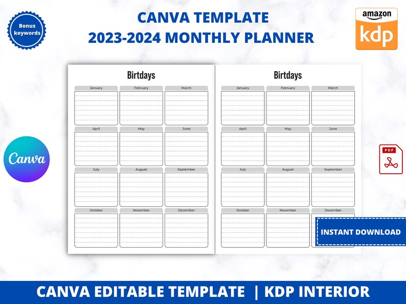 2023 2024 Monthly Planner CANVA Template Fully Editable & Customizable ...