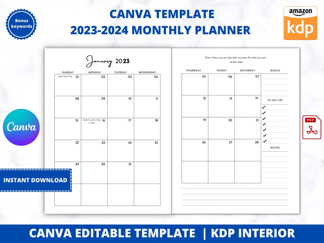 2023 2024 Monthly Planner CANVA Template Fully Editable & Customizable ...
