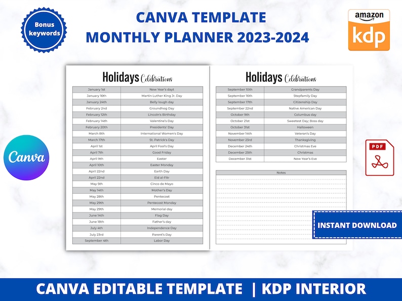 2023 2024 Monthly Planner CANVA Template Fully Editable & Customizable ...