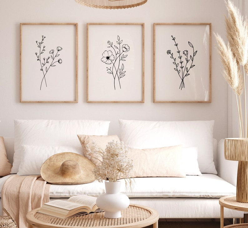 Minimalist Flower Line Art Prints: Set of 3 Botanical Wall Decor ...