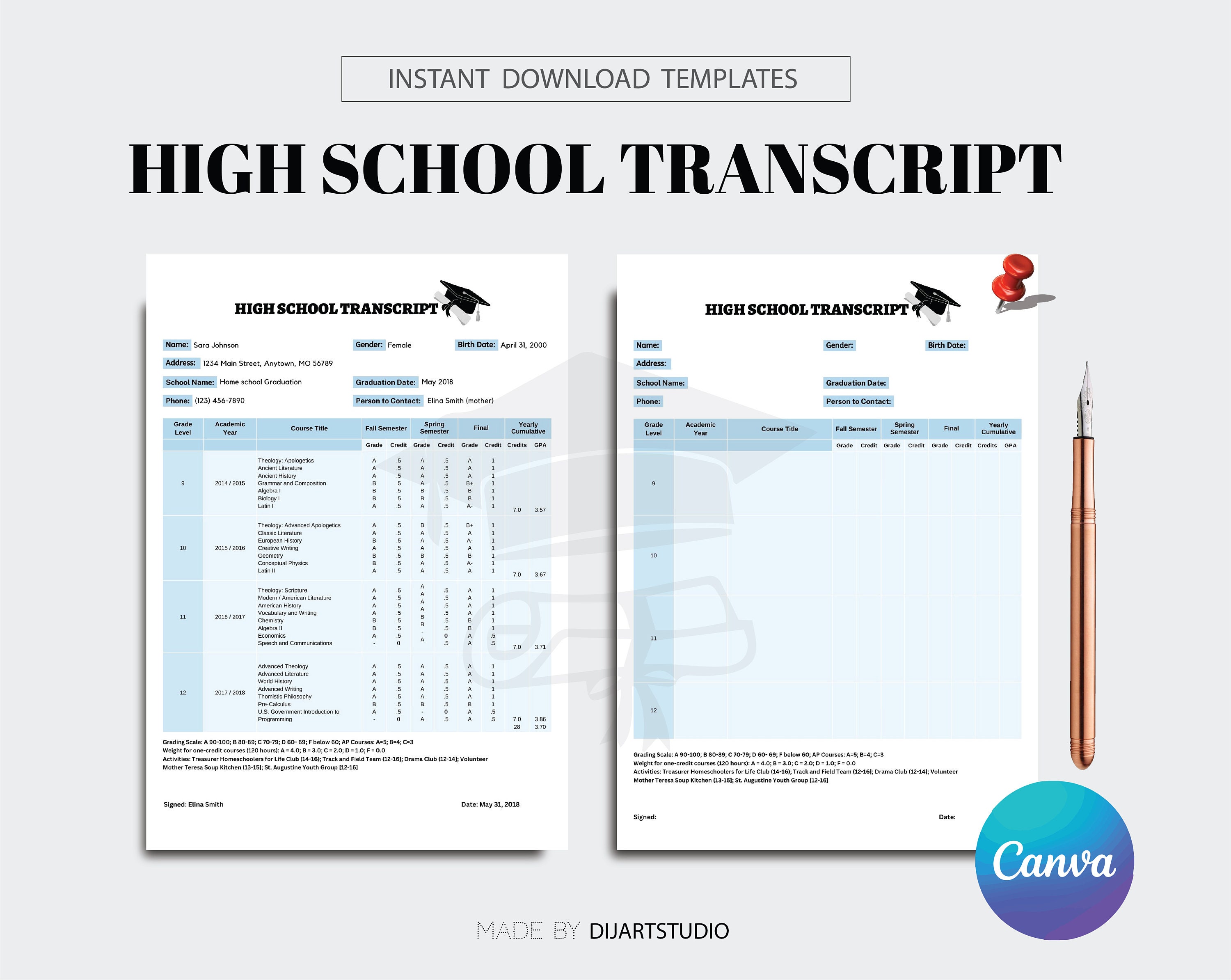 Highschool Transcript Template, Transcript Maker, Report Card, School ...