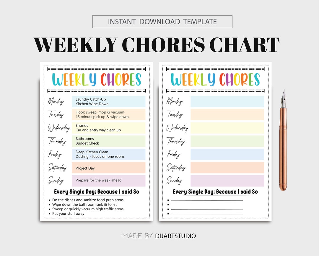 Weekly Chores Chart, Printable Editable Daily & Weekly Kids Chore ...